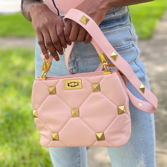 Bags | Blush Pink Quilted Leather Gold Studded Top Handle Handbag With ...